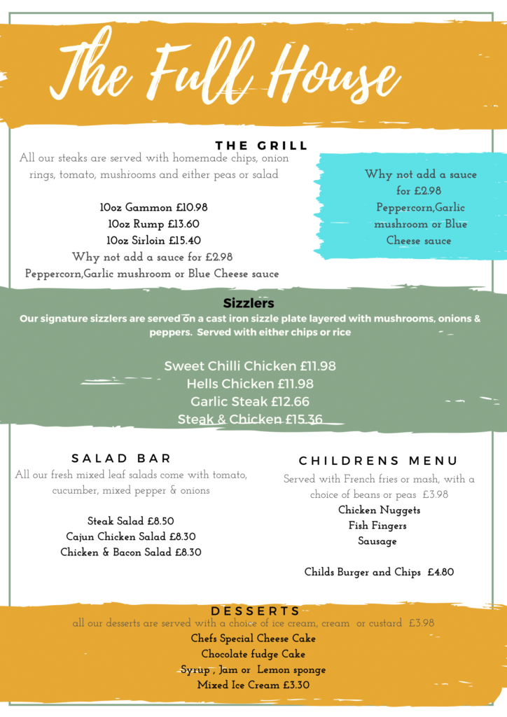 Full House Menu September 2 | The Full House, Barnsley