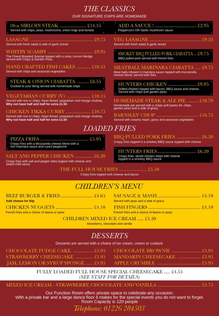 Menu | The Full House, Barnsley