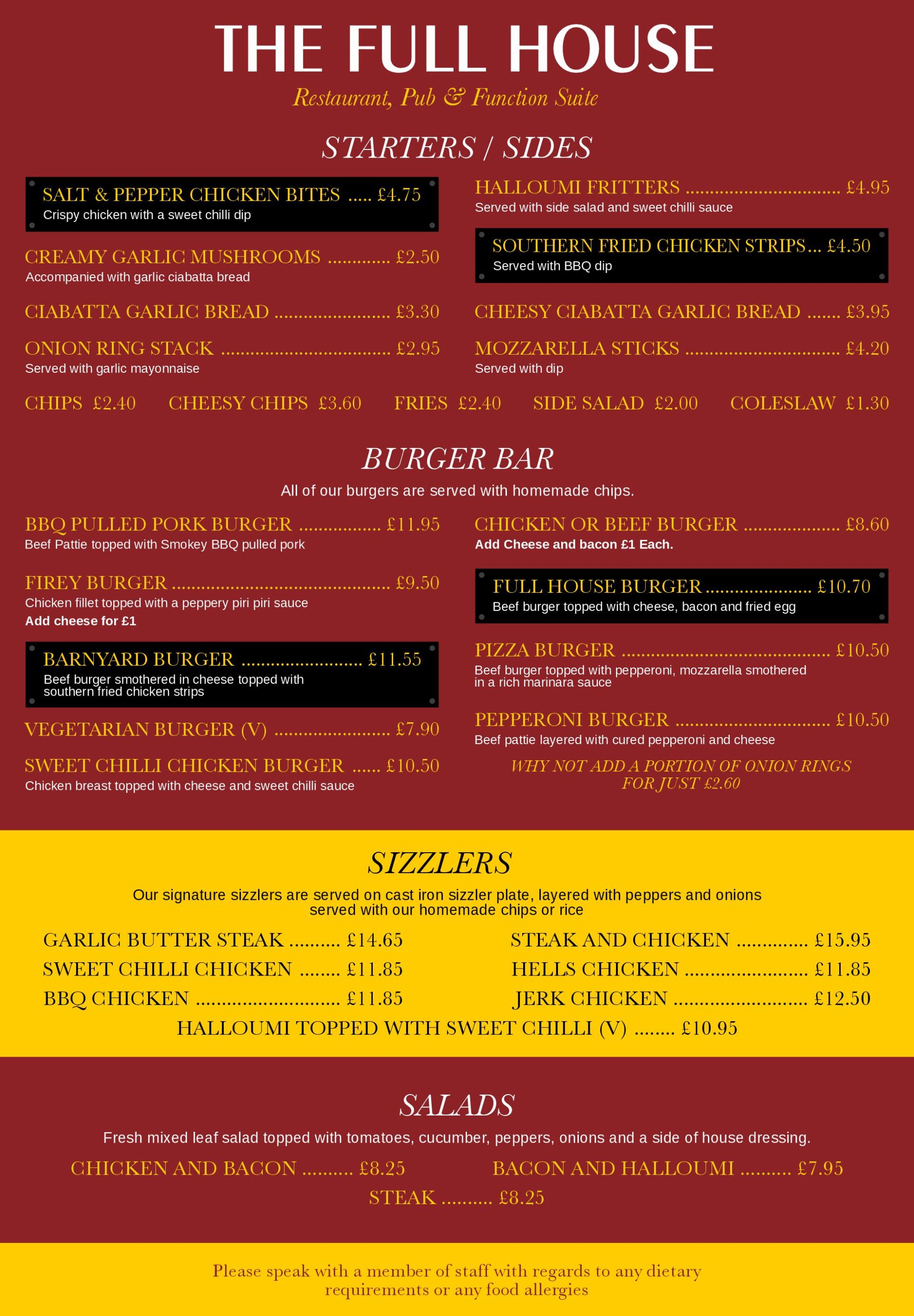 Menu | The Full House, Barnsley