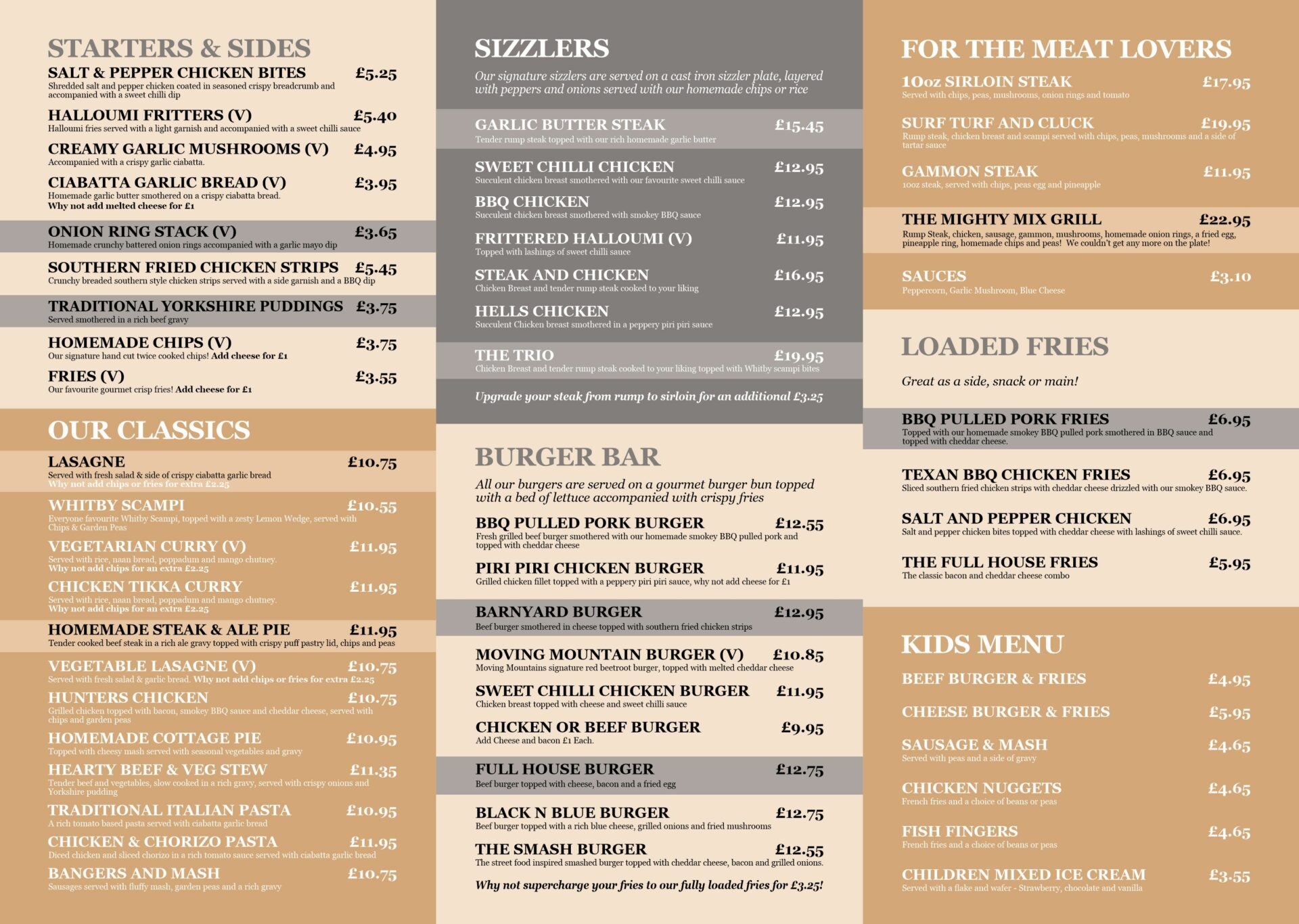 Menu | The Full House, Barnsley
