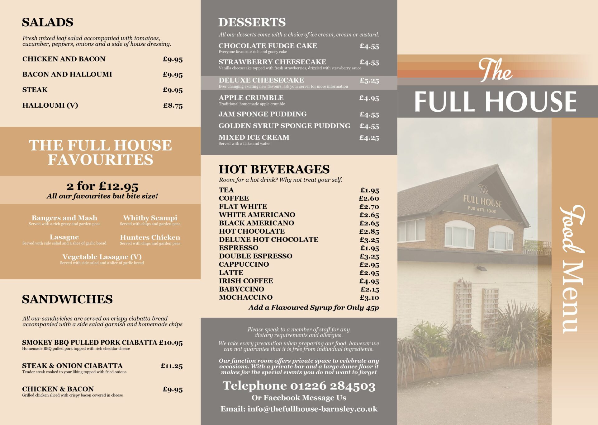 Menu | The Full House, Barnsley