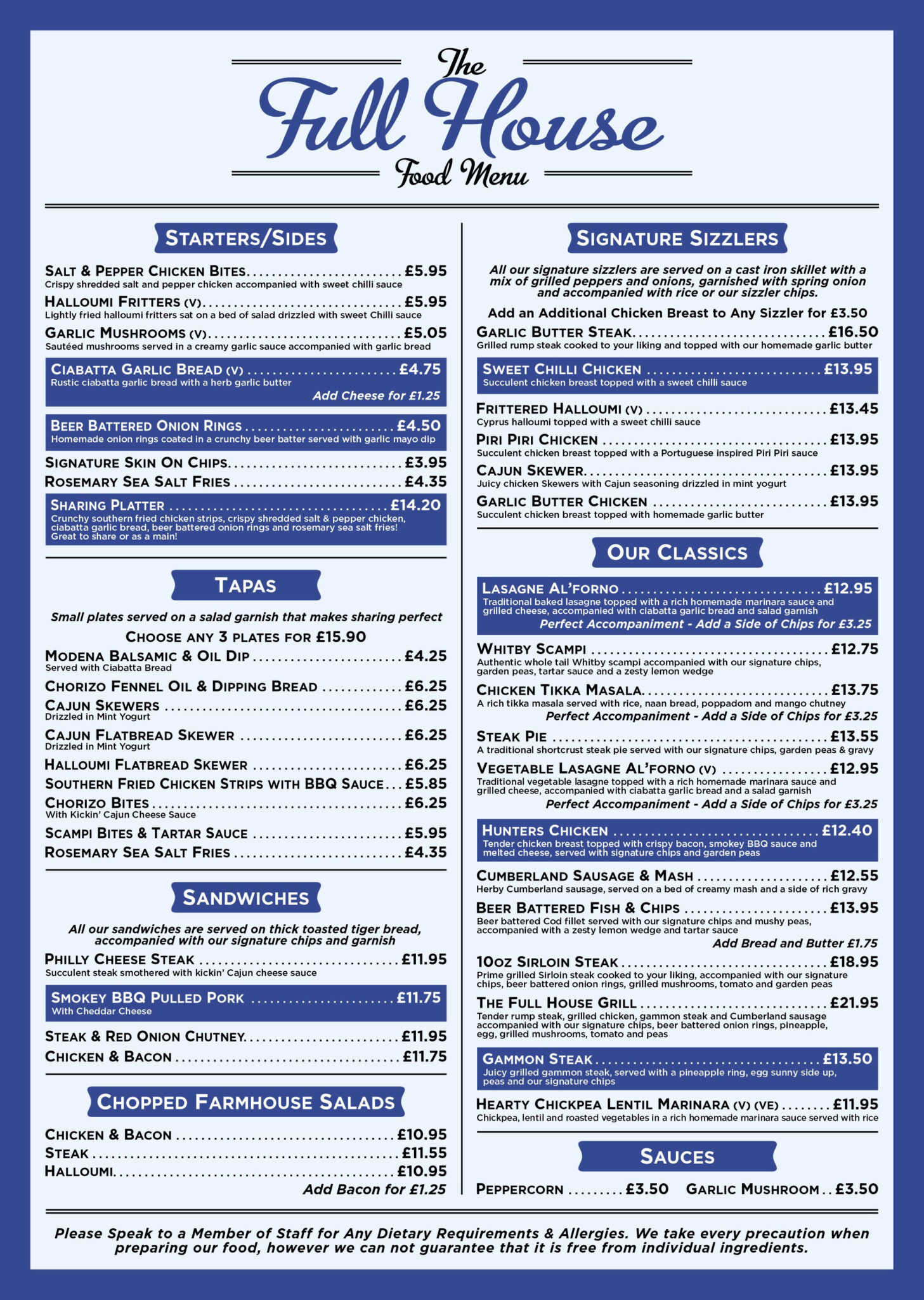 Menu | The Full House, Barnsley
