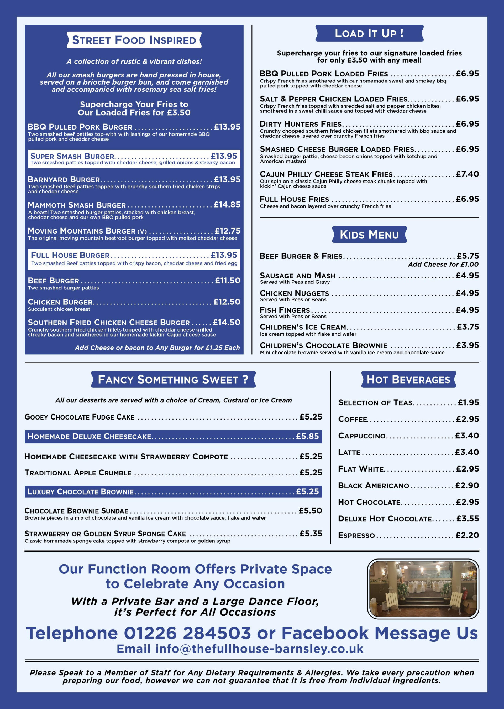 Menu | The Full House, Barnsley