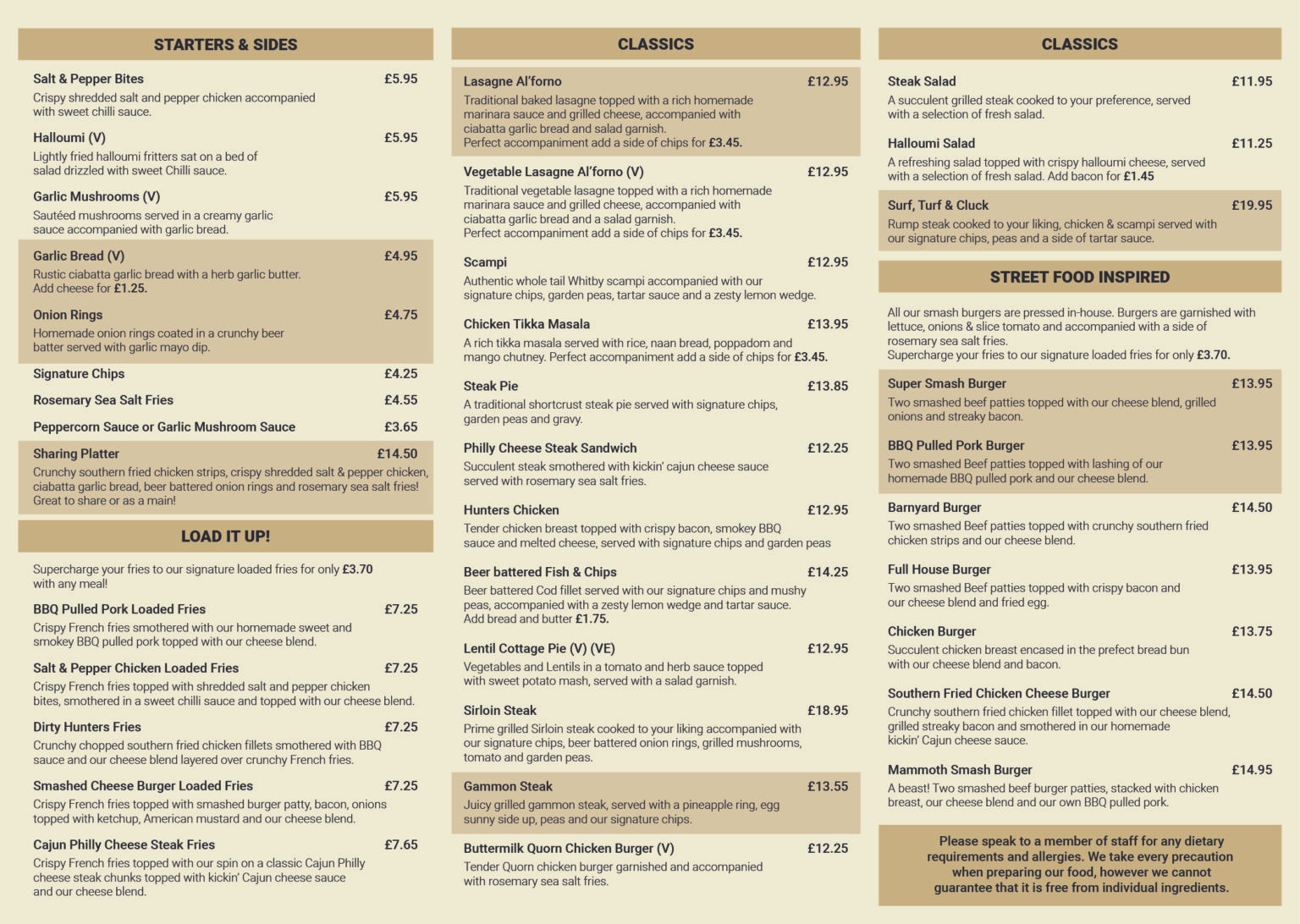 Menu | The Full House, Barnsley