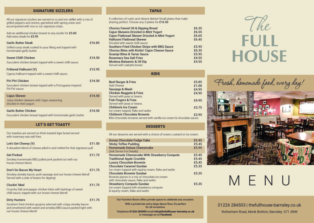 Menu | The Full House, Barnsley
